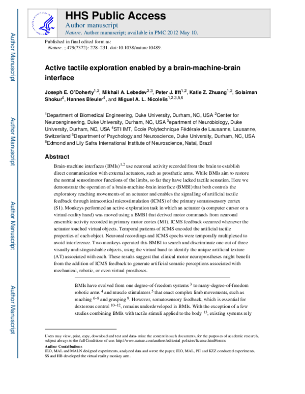 (PDF) Active tactile exploration using a brain–machine–brain interface