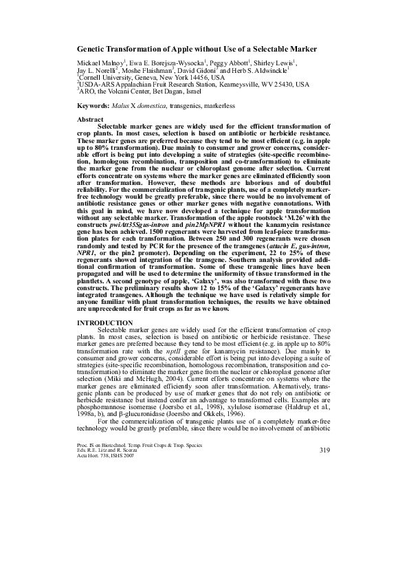 (PDF) Genetic Transformation of Apple Without Use of a Selectable Marker