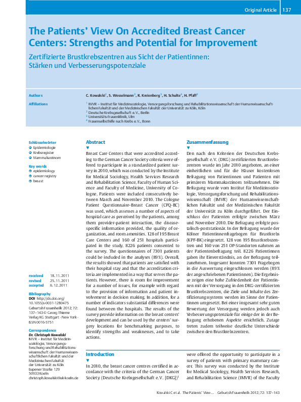 (PDF) The Patientsʼ View On Accredited Breast Cancer Centers: Strengths ...