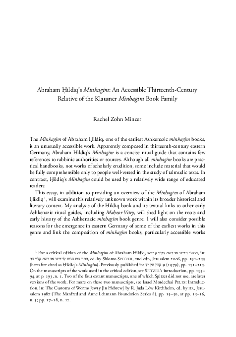 (PDF) Rachel Zohn Mincer, "Abraham Hildiq’s Minhagim: An Accessible ...