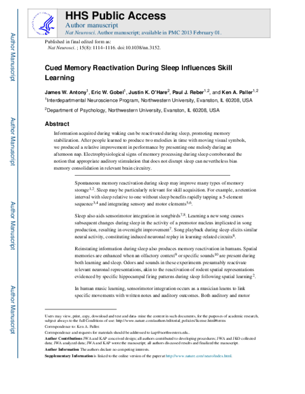 (PDF) Cued memory reactivation during sleep influences skill learning