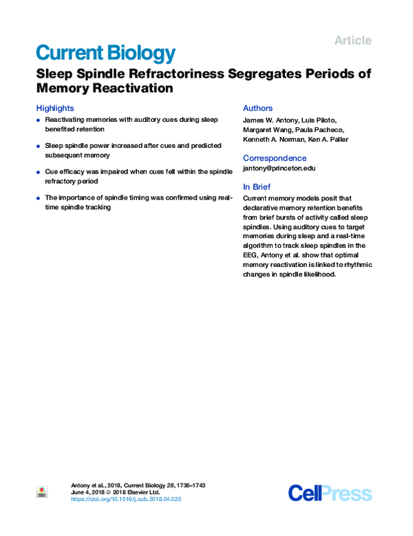(PDF) Sleep Spindle Refractoriness Segregates Periods of Memory ...
