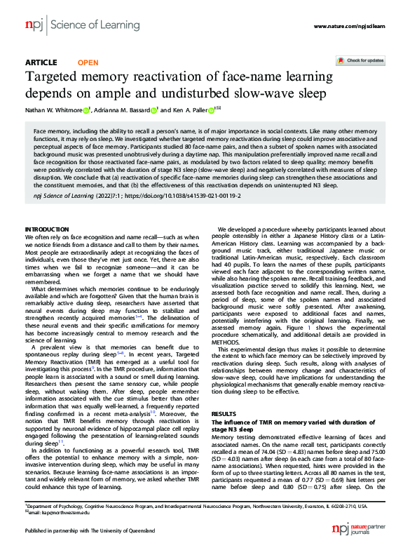 (PDF) Targeted Memory Reactivation of Face-Name Learning Depends on ...