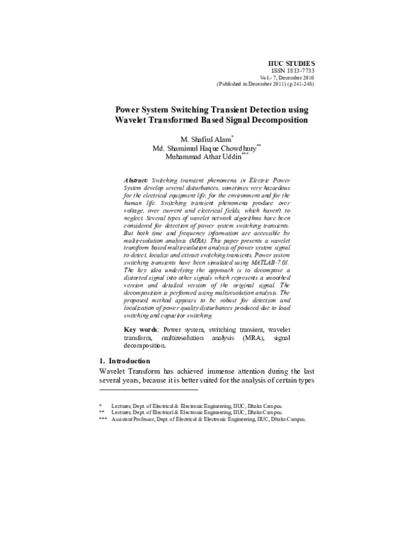 (PDF) Power System Switching Transient Detection using Wavelet ...