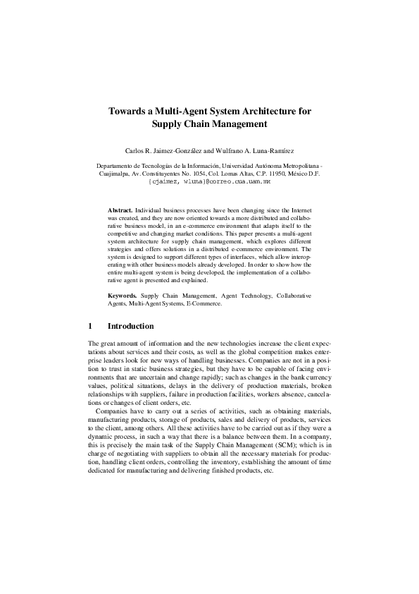 (PDF) Towards a Multi-Agent System Architecture for Supply Chain Management