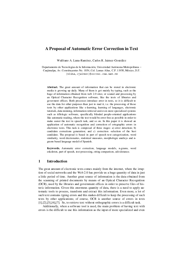 (PDF) A Proposal of Automatic Error Correction in Text