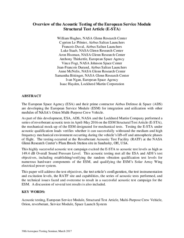 (PDF) Acoustic Testing of the European Service Module Structure