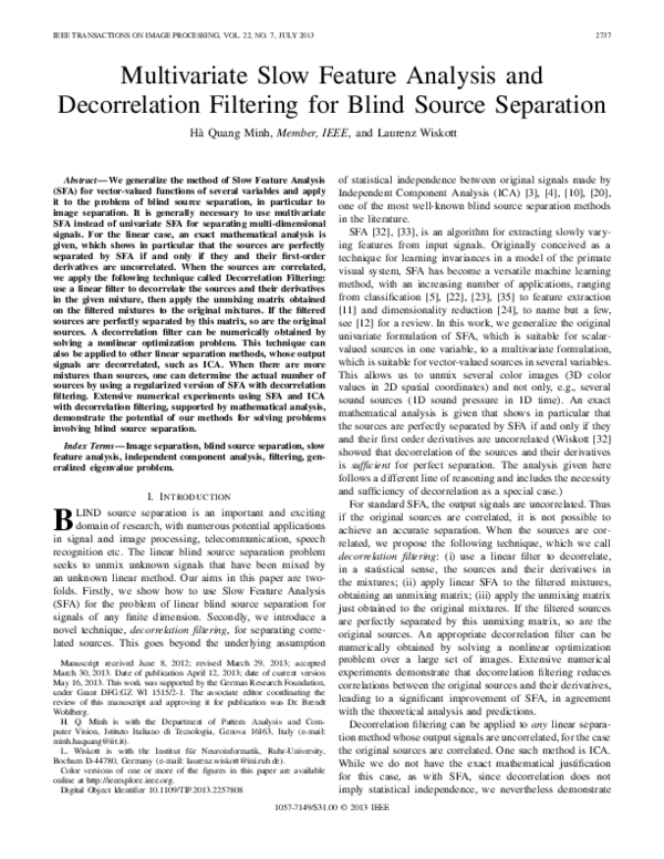 (PDF) Multivariate Slow Feature Analysis and Decorrelation Filtering for Blind Source Separation