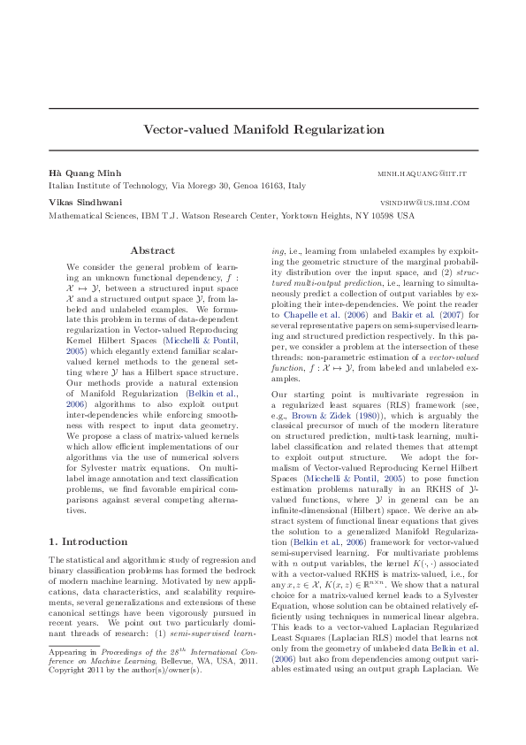 (PDF) Vector-valued Manifold Regularization
