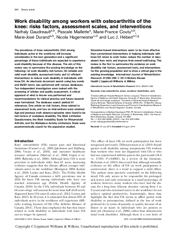 (PDF) Work disability among workers with osteoarthritis of the knee