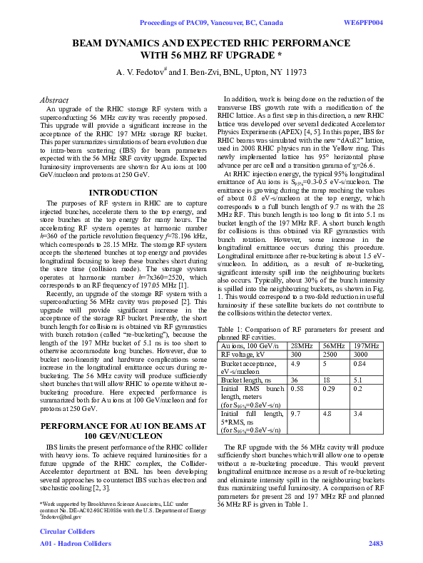 (PDF) Beam dynamics and expected RHIC performance with 56MHz RF upgrade