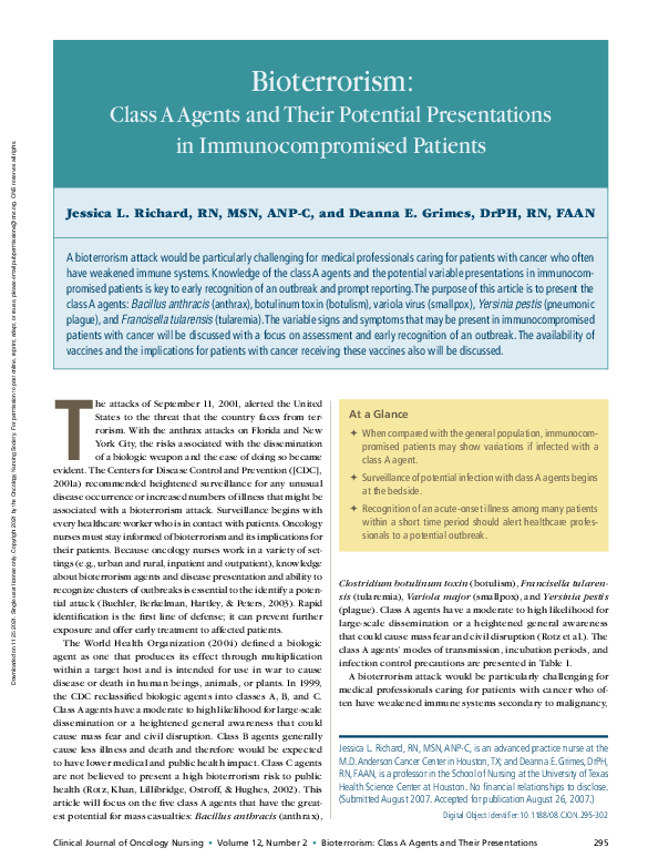 (PDF) Bioterrorism: Class A Agents and Their Potential Presentations in ...