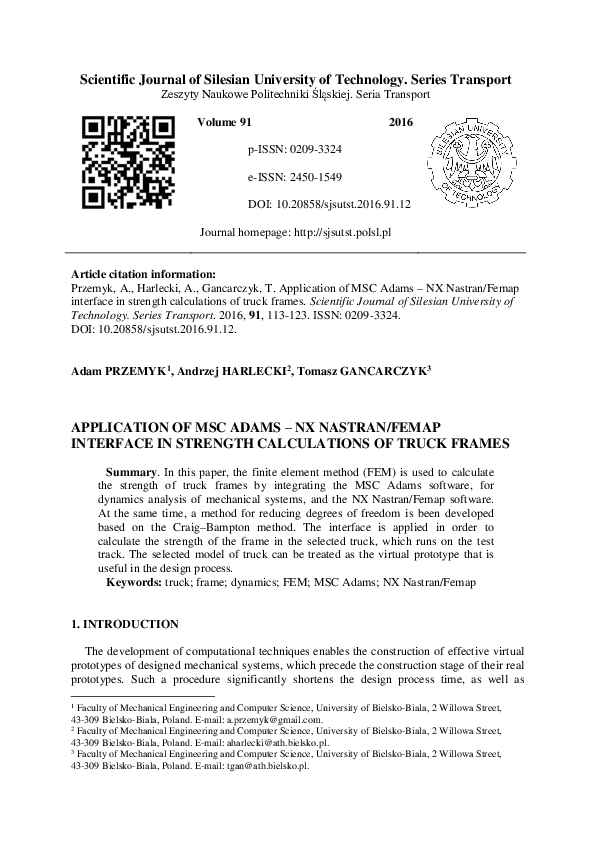 (PDF) Application of MSC Adams – NX Nastran/Femap Interface in Strength ...