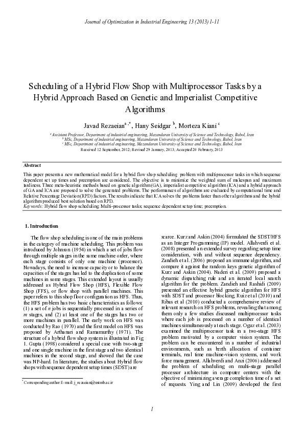 (PDF) Scheduling of a Hybrid Flow Shop with Multiprocessor Tasks by a Hybrid Approach Based on ...