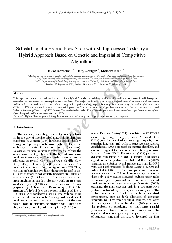(PDF) Scheduling of a Hybrid Flow Shop with Multiprocessor Tasks by a ...