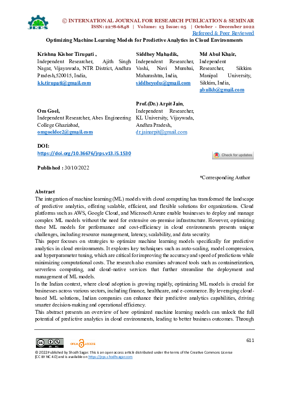 (PDF) Optimizing Machine Learning Models for Predictive Analytics in Cloud Environments