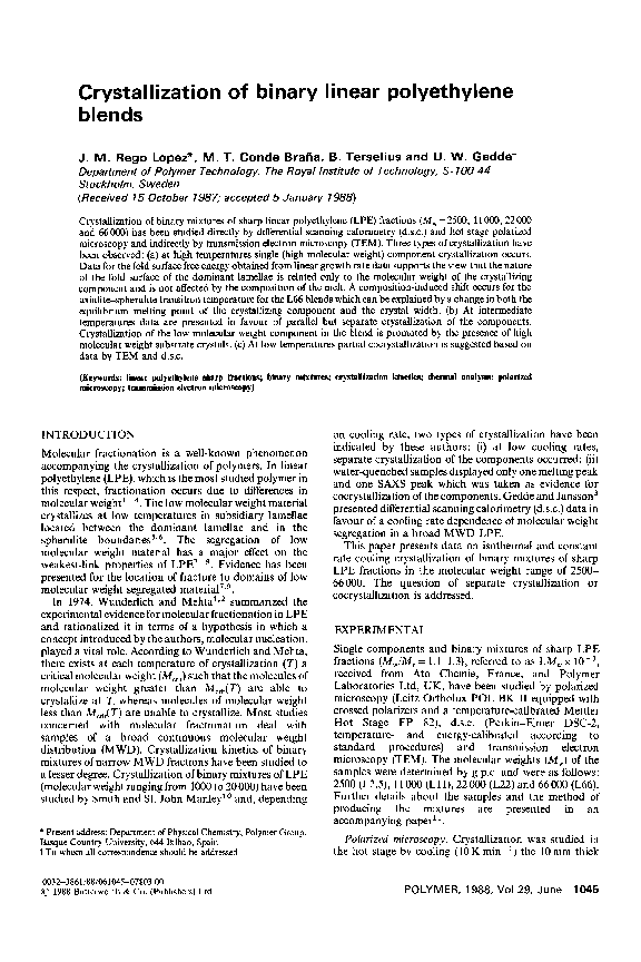 (PDF) Crystallization of binary linear polyethylene blends