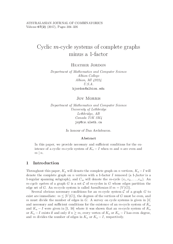 (PDF) Cyclic m-cycle systems of complete graphs minus a 1-factor