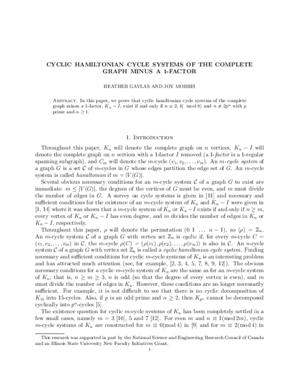 (PDF) Cyclic hamiltonian cycle systems of the complete graph minus a 1 ...