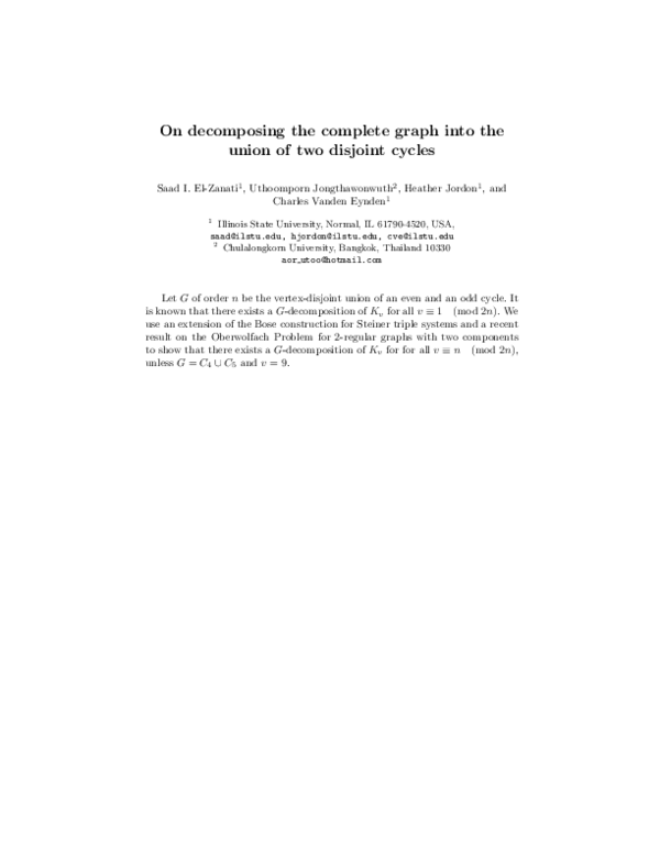 (PDF) On Decomposing the Complete Graph into the Union of Two Disjoint Cycles