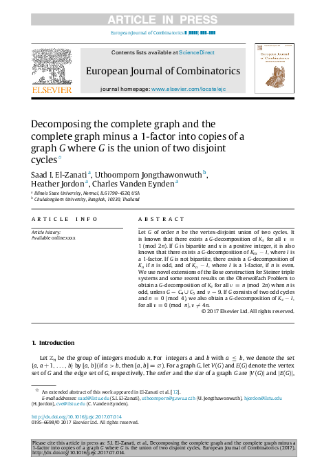 (PDF) Decomposing the complete graph and the complete graph minus a 1 ...