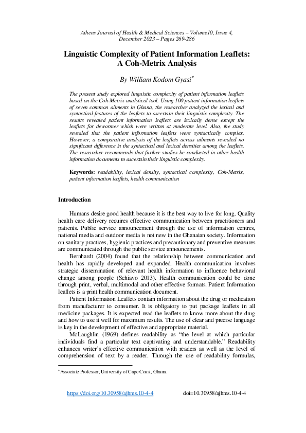 (PDF) Linguistic Complexity of Patient Information Leaflets: A Coh-Metrix Analysis
