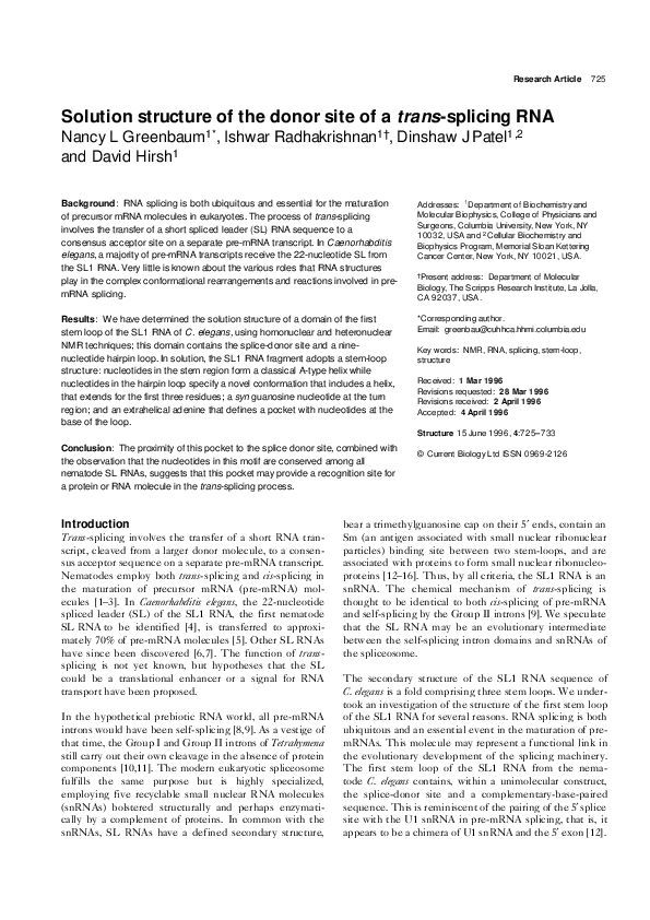 (PDF) Solution structure of the donor site of a trans-splicing RNA ...