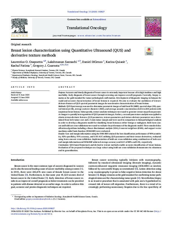 (PDF) Breast lesion characterization using Quantitative Ultrasound (QUS) and derivative texture ...
