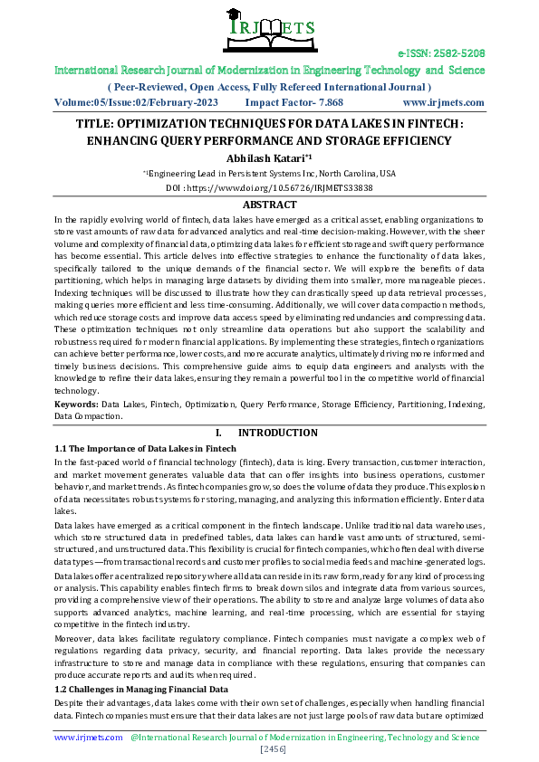 (PDF) OPTIMIZATION TECHNIQUES FOR DATA LAKES IN FINTECH: ENHANCING QUERY PERFORMANCE AND STORAGE ...