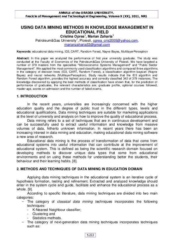 (PDF) Using Data Mining Methods in Knowledge Management in Educational Field