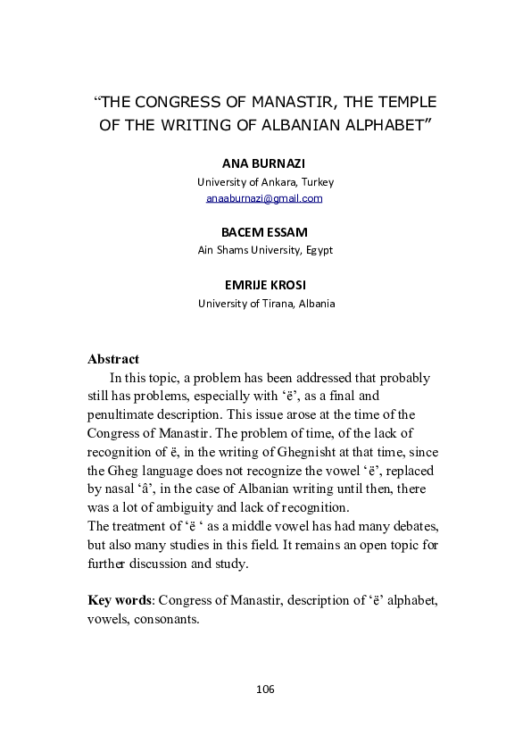 (PDF) "THE CONGRESS OF MANASTIR, THE TEMPLE OF THE WRITING OF ALBANIAN ...