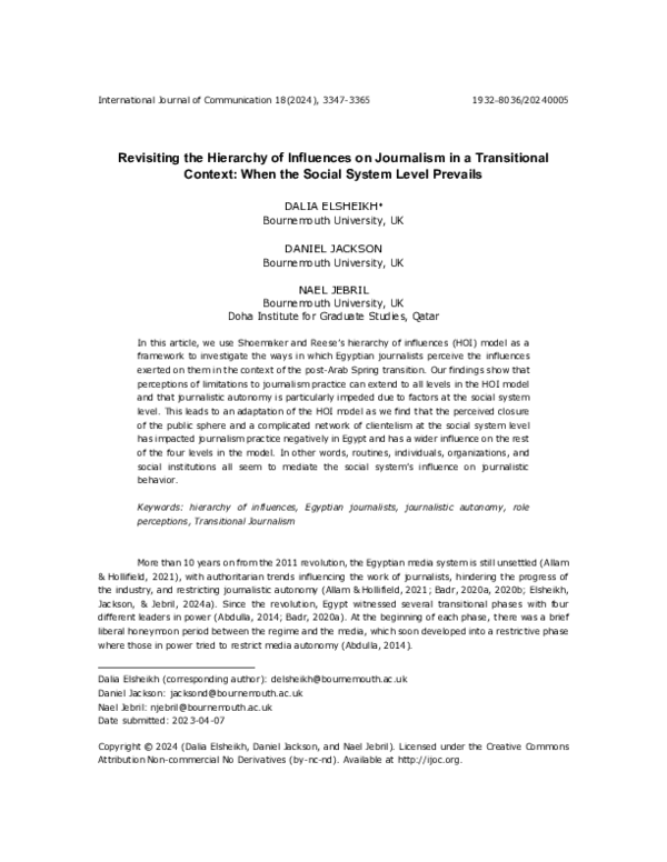 (PDF) Revisiting the Hierarchy of Influences on Journalism in a Transitional Context: When the ...