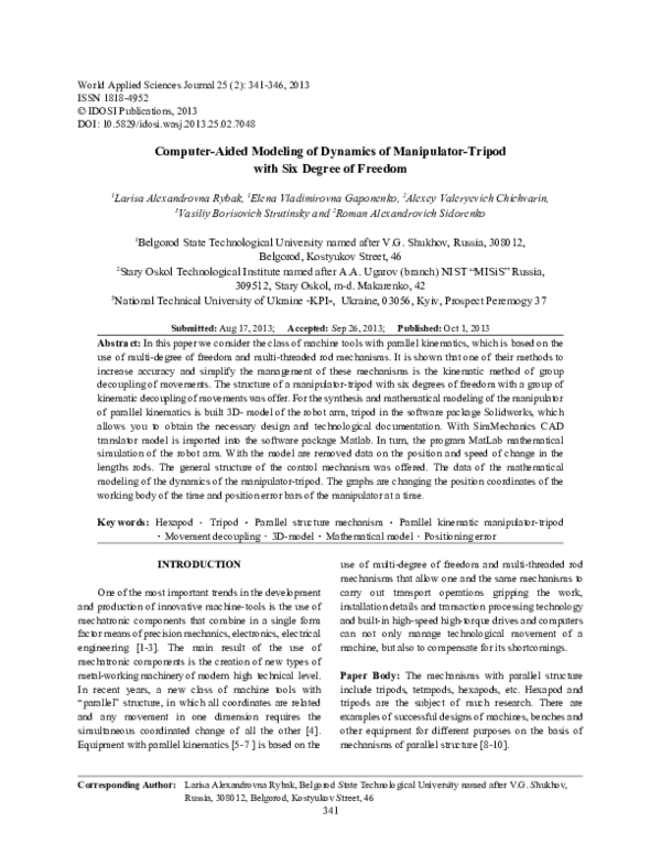 (PDF) Dynamic Analysis and Computer Aided Control of a Tripod Parallel Manipulator