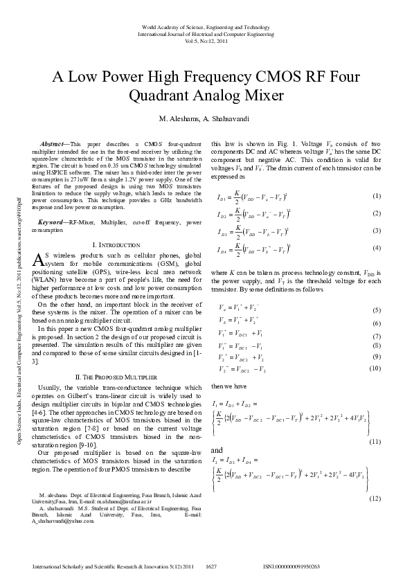 (PDF) A Low Power High Frequency CMOS RF Four Quadrant Analog Mixer
