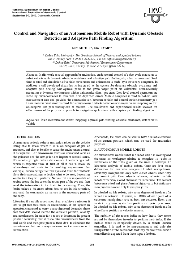 Pdf Control And Navigation Of An Autonomous Mobile Robot With Dynamic Obstacle Detection And