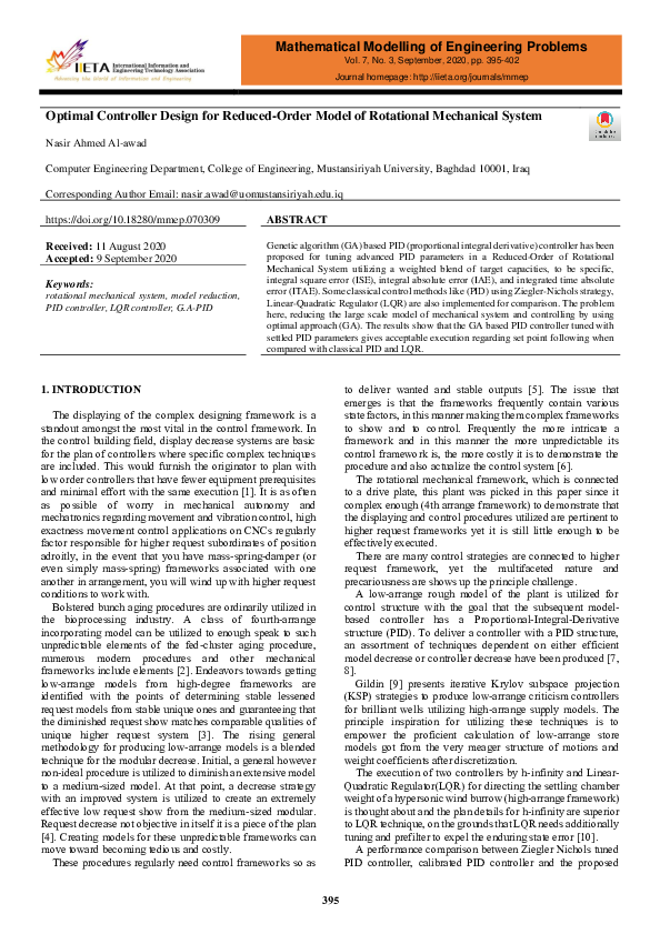 (PDF) Optimal Controller Design for Reduced-Order Model of Rotational Mechanical System
