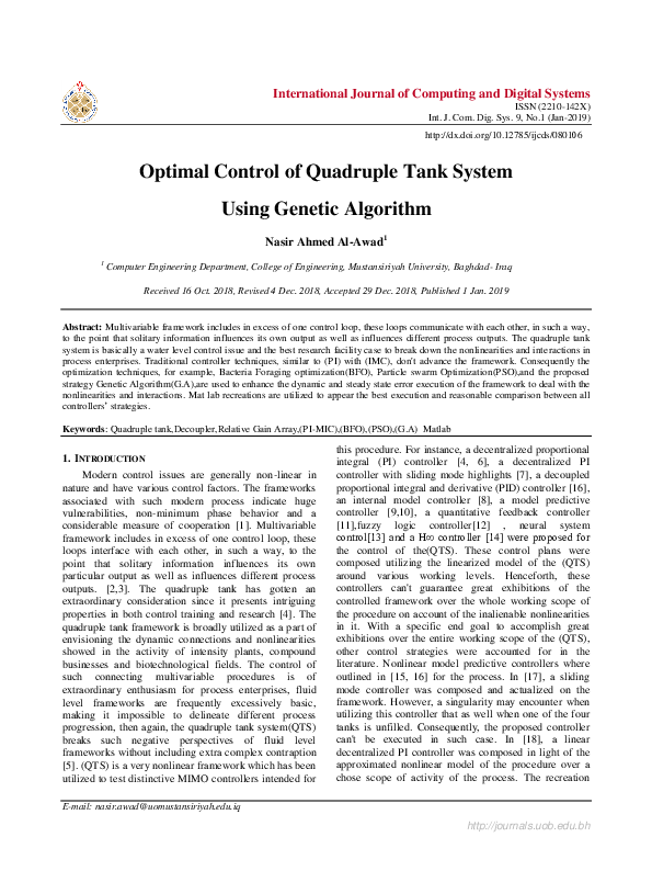 (PDF) Optimal Control of Quadruple Tank System Using Genetic Algorithm