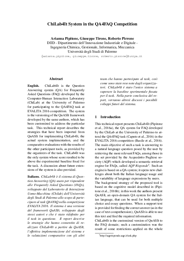 (PDF) ChiLab4It System in the QA4FAQ Competition