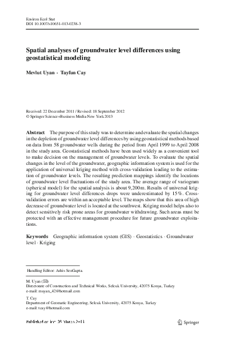 Pdf Spatial Analyses Of Groundwater Level Differences Using Geostatistical Modeling