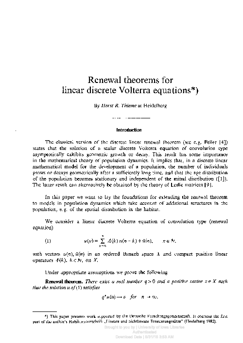 (PDF) Renewal theorems for linear discrete Volterra equations