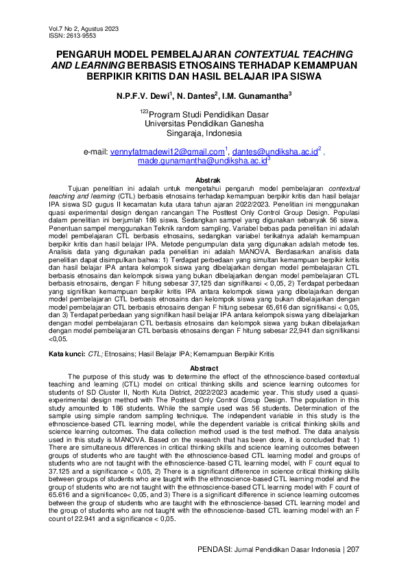 (PDF) Pengaruh Model Pembelajaran Contextual Teaching and Learning Berbasis Etnosains Terhadap ...