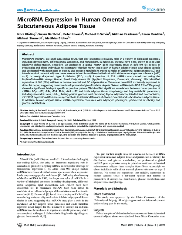 (PDF) MicroRNA Expression in Human Omental and Subcutaneous Adipose Tissue