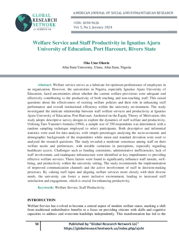 (PDF) Welfare Service and Staff Productivity in Ignatius Ajuru ...