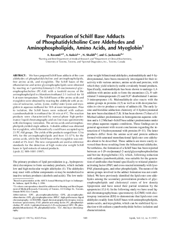 (PDF) Preparation of schiff base adducts of phosphatidylcholine core aldehydes and ...