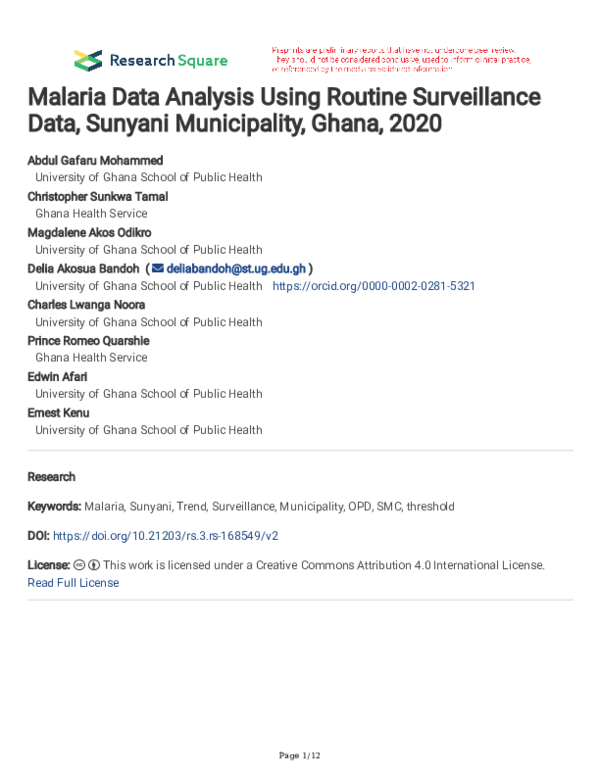Pdf Malaria Data Analysis Using Routine Surveillance Data Sunyani Municipality Ghana 2020