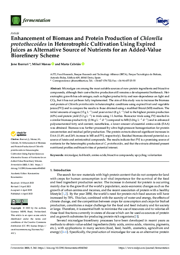 (PDF) Enhancement of Biomass and Protein Production of Chlorella protothecoides in Heterotrophic ...