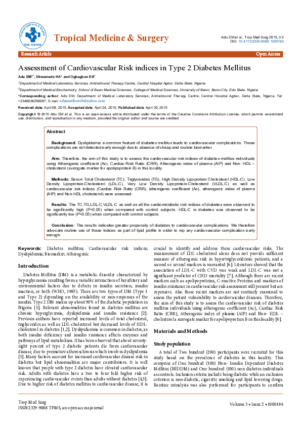 (PDF) Assessment of Cardiovascular Risk indices in Type 2 Diabetes Mellitus