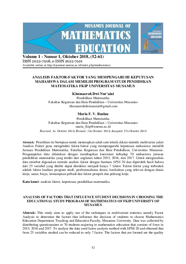 (PDF) Analisis Faktor-Faktor Yang Mempengaruhi Keputusan Mahasiswa Dalam Memilih Program Studi ...