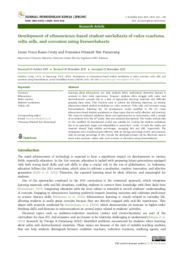 (PDF) Development of ethnoscience-based student worksheets of redox reactions, volta cells, and ...