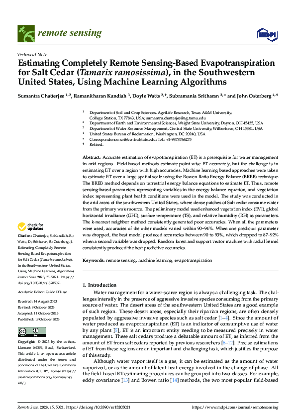 (PDF) Estimating Completely Remote Sensing-Based Evapotranspiration for Salt Cedar (Tamarix ...